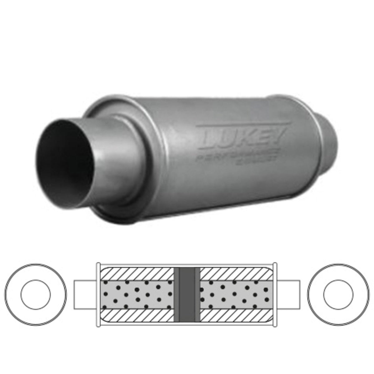 Lukey - 3" ID - Round Muffler - 12" Long x 5" Round- Glass Packed, Cha ...